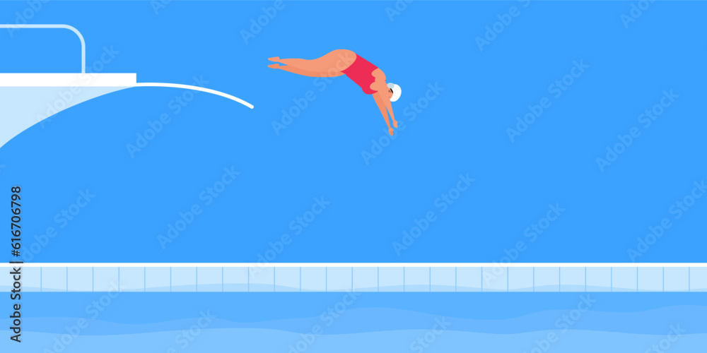 jumping woman diver diving board springboard competition swimming pool ...