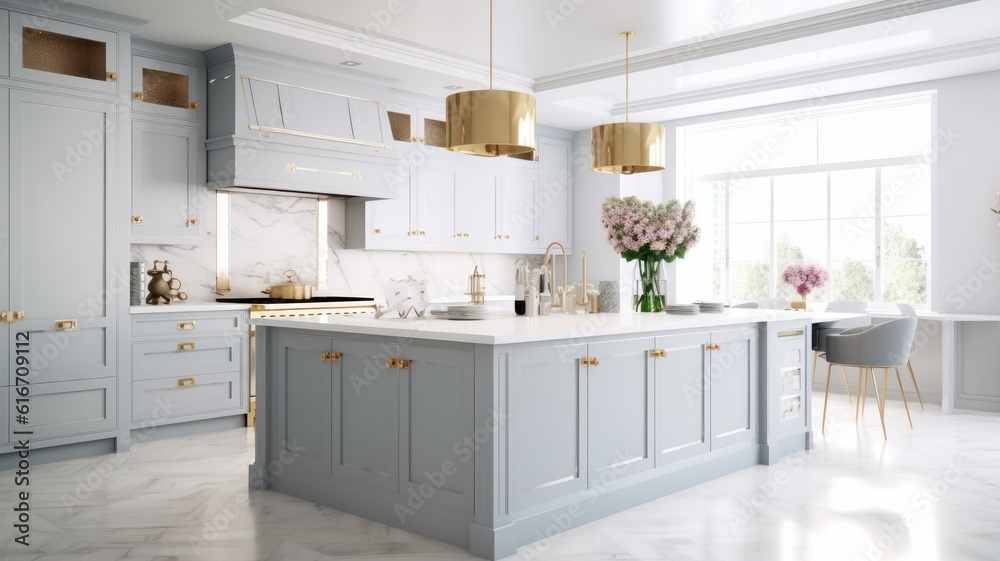 Modern classic white kitchen in a luxury apartment. Large island with ...