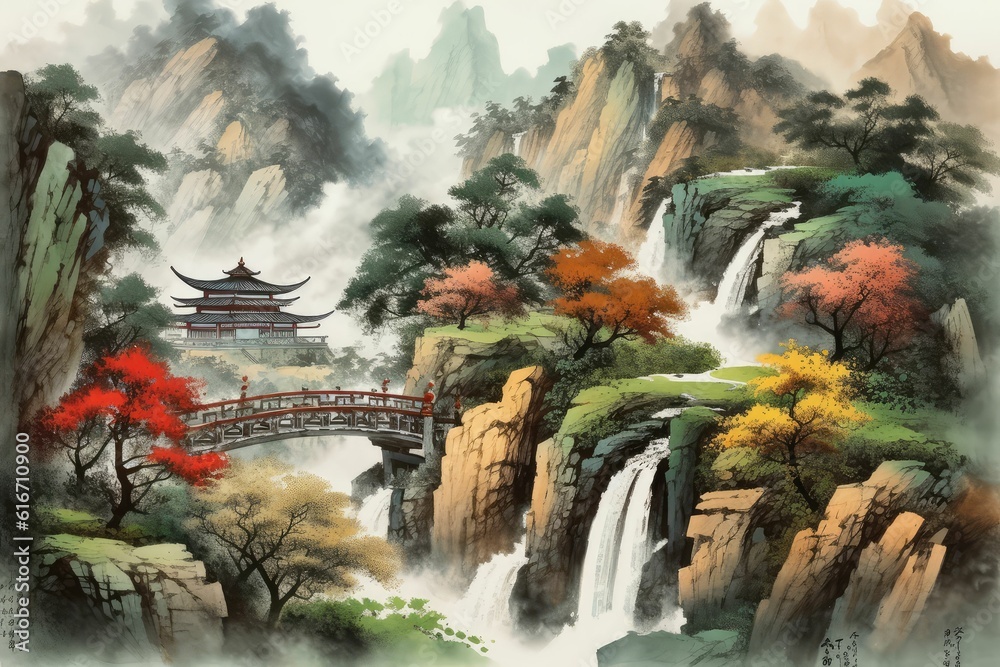Chinese painting style landscape. asian traditional culture ...