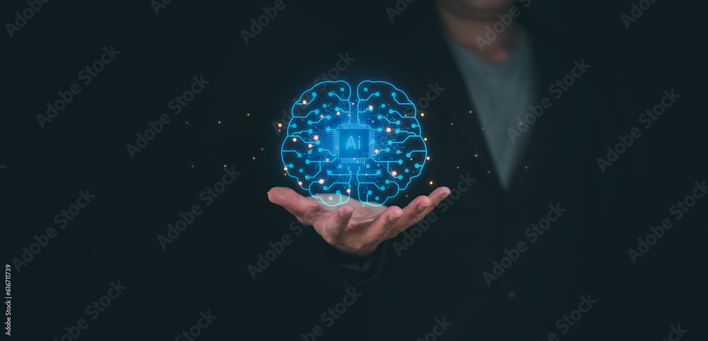 Businessman simulates using artificial intelligence Bots in ...