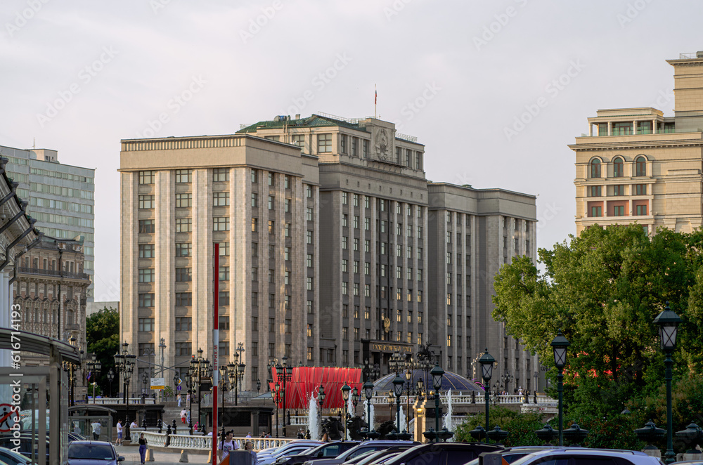 Okhotny Ryad Street in Moscow, view of the State Duma building and the ...