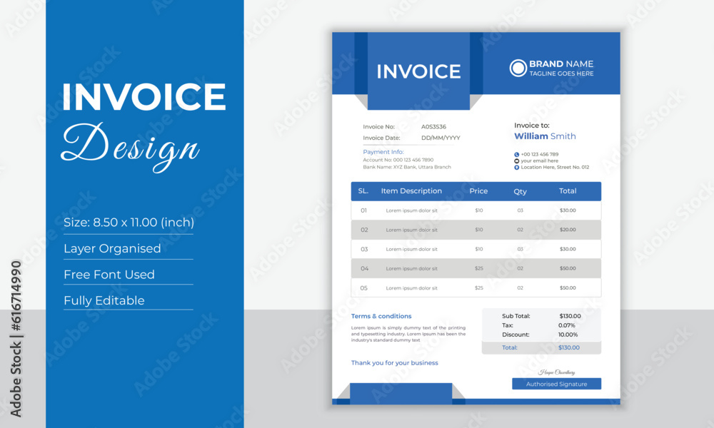 Invoice design template for business. Stock Vector | Adobe Stock