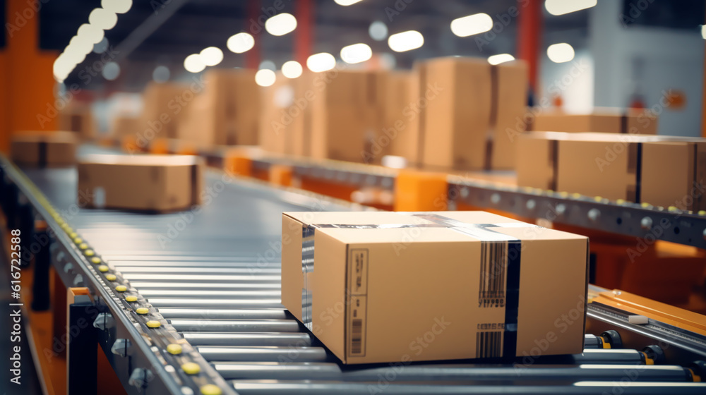 Closeup of multiple cardboard box packages seamlessly moving along a ...
