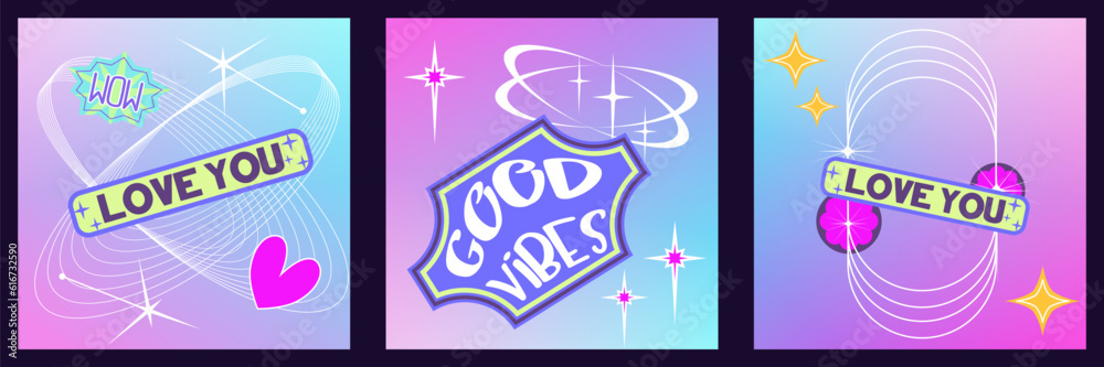 Y2K template with stickers and gradient. 90s retro design with stickers ...