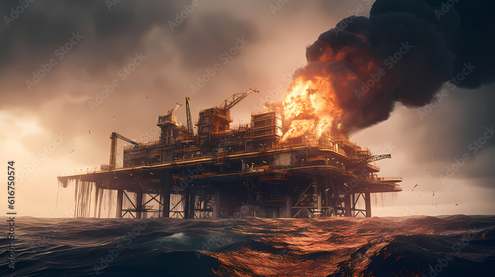 Oil rig burning, Gas fire explosion on at sea water, sunset light ...