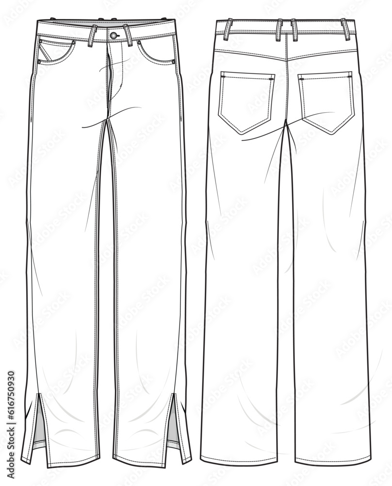 Women's Side Slit Denim Jeans Front and Back View. Fashion Flat Sketch ...