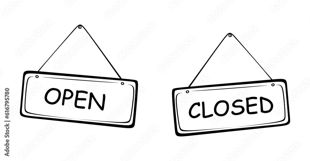Hand drawn open and closed signs elements for door or window label ...