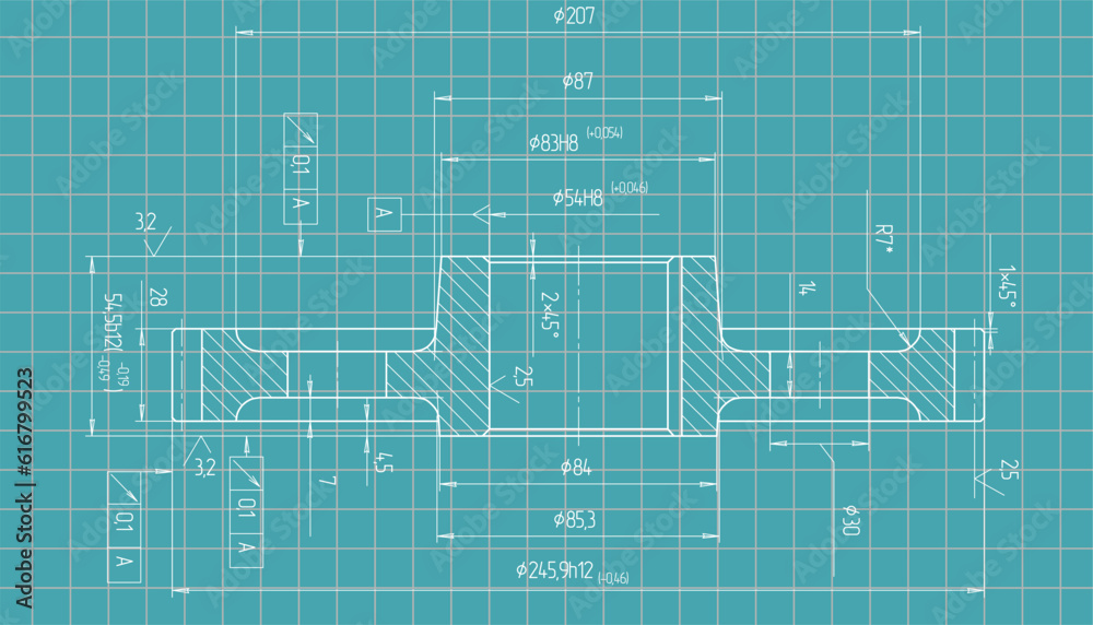 Vector engineering cad drawing of a mechanical part (steel wheel) with ...
