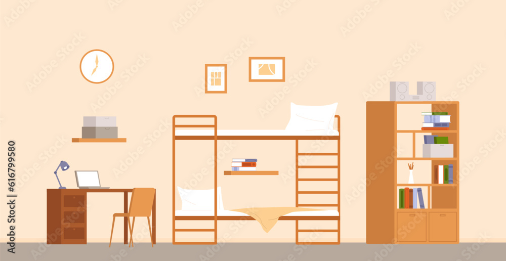 Student room interior. Dormitory or hostel furniture, living area for ...