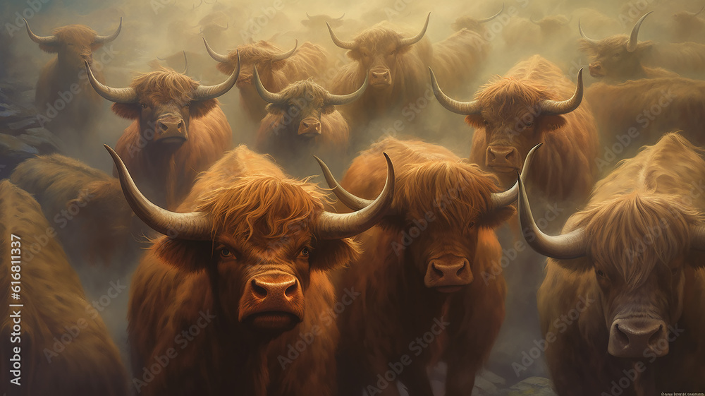 northern shaggy cows bulls texture background herd group of farm ...