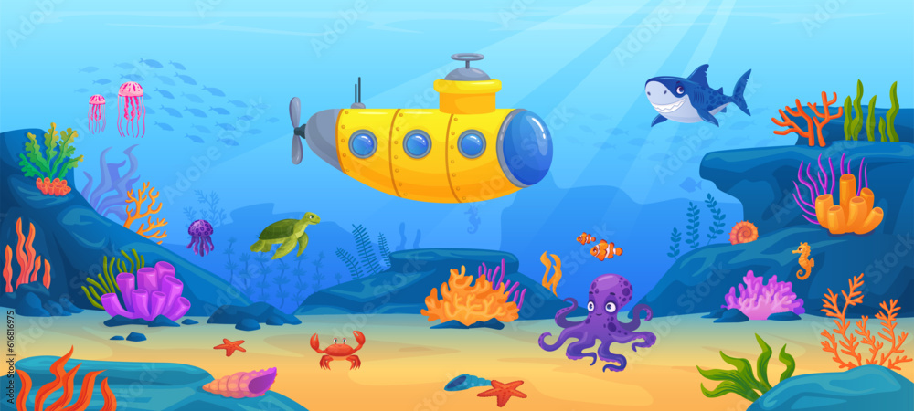 Cartoon underwater submarine. Marine under water boat in deep ocean ...