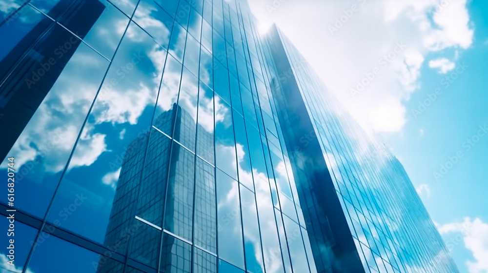Reflective skyscrapers, business office buildings. Low angle ...