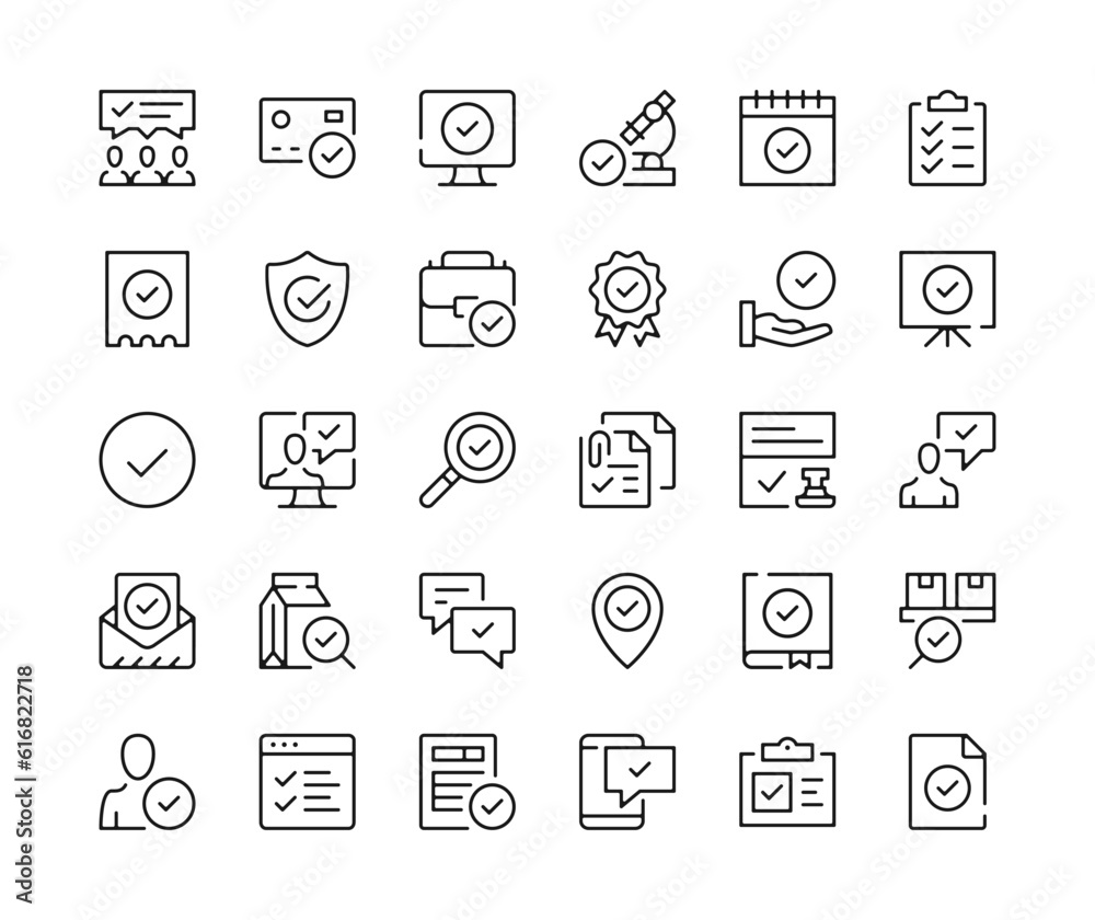 Check mark icons. Vector line icons set. Approve, tick, checkmark, quality control concepts ...
