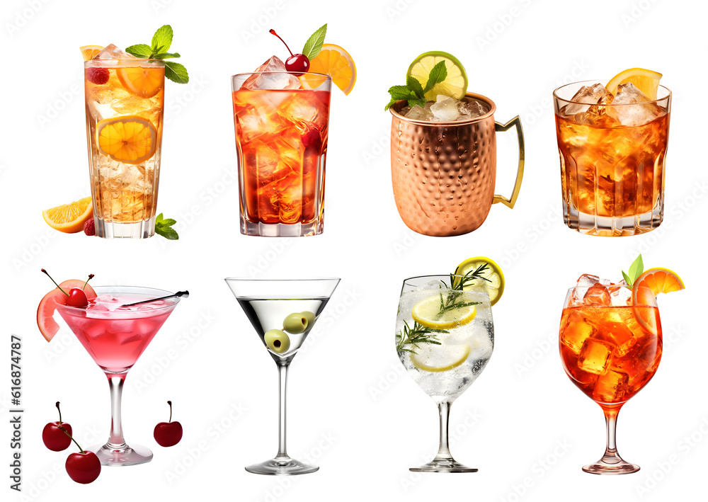 Alcohol Cocktail Mocktail. Many assorted different range types isolated ...