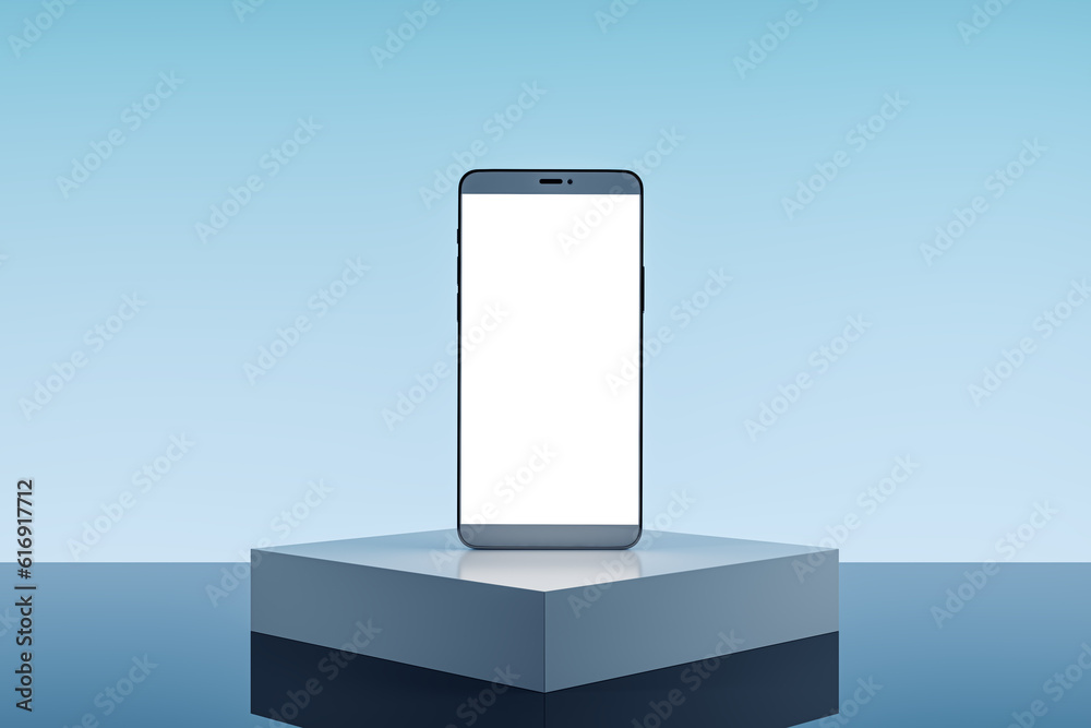 Empty white mobile phone on pedestal and blue background with mock up place. Product placement ...