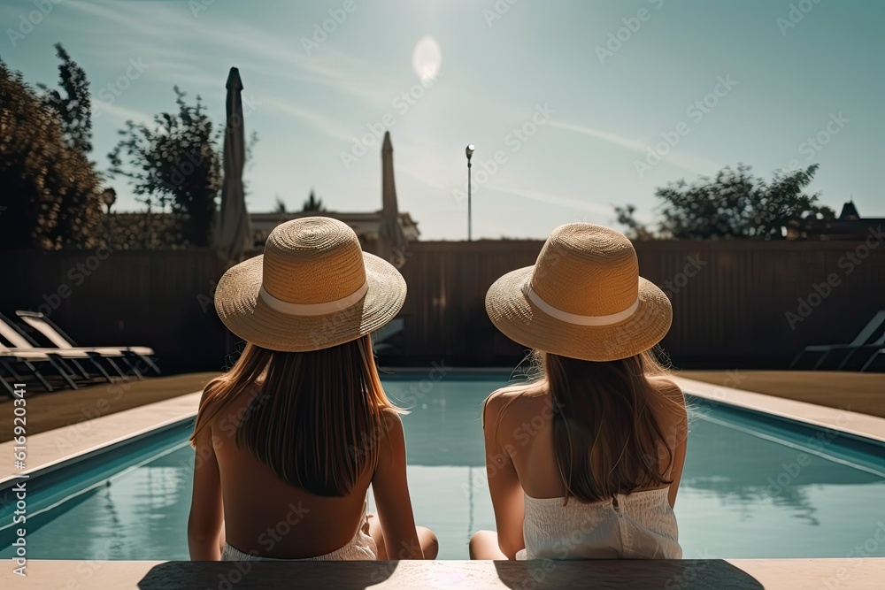Illustration Stock Back view of two girls in white dresses and sun hats ...