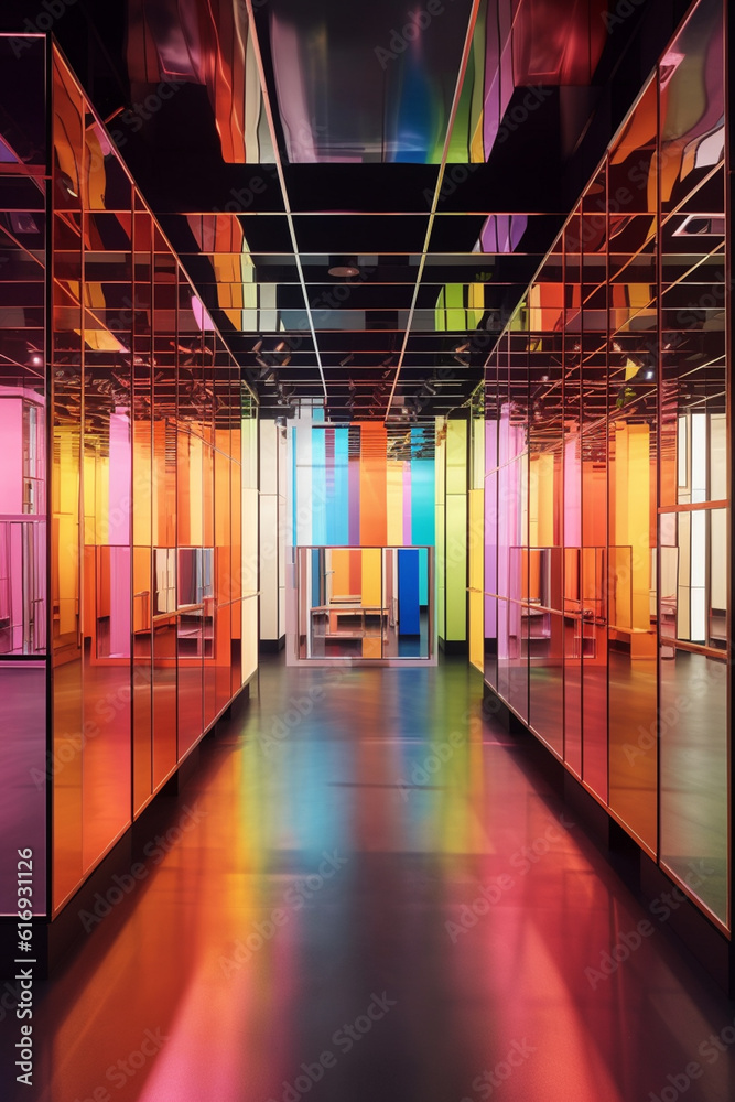 A conceptual art installation featuring mirrors and reflective surfaces, creating an immersive ...