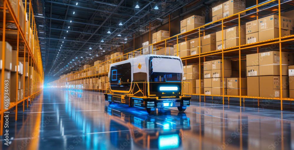 Concept of 5G for industrial use and a smart factory. Automated guided ...