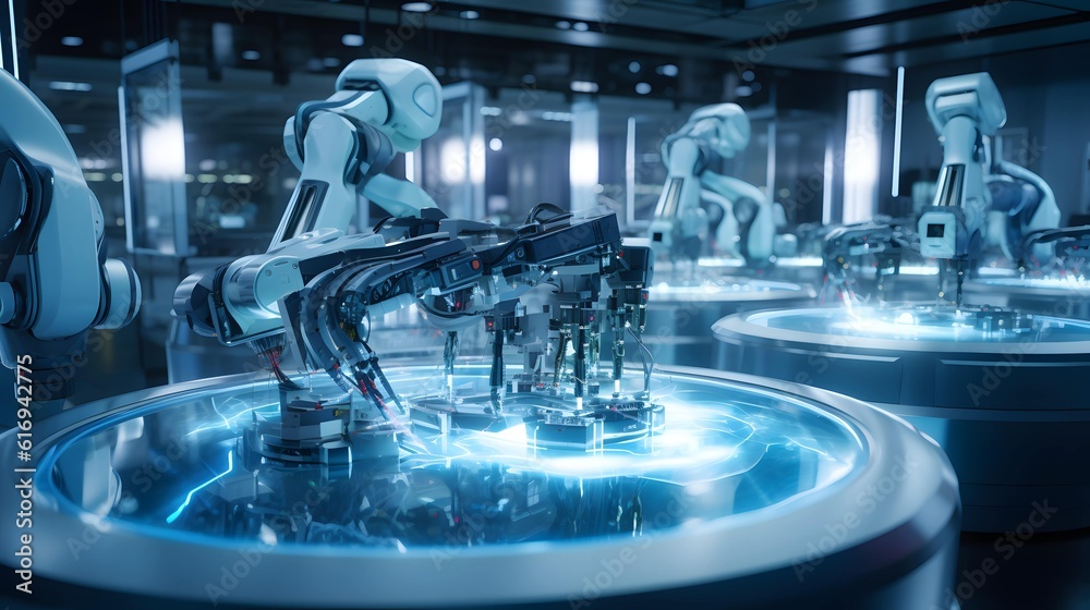 Advanced robotics lab with AI-powered robot at work, fluorescent ...