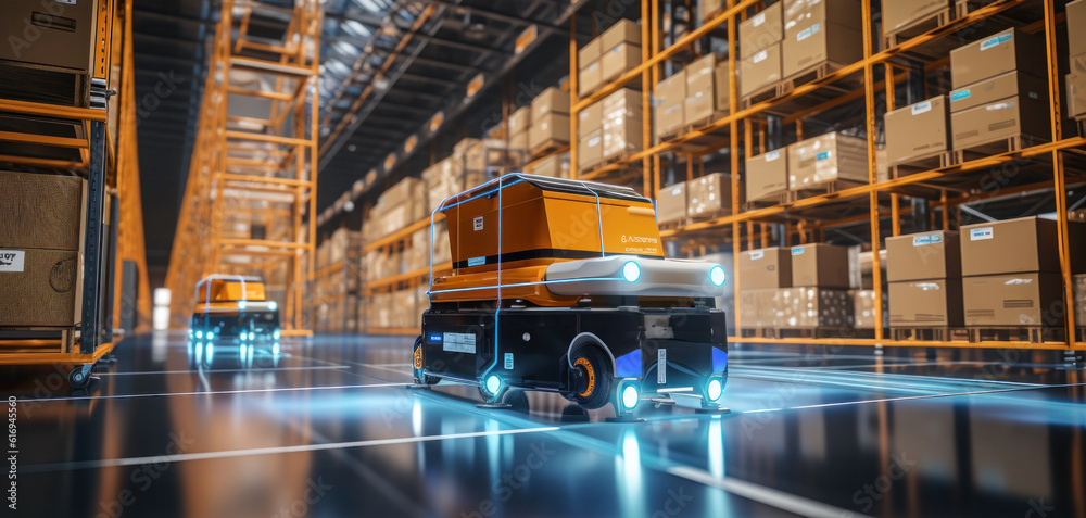 Concept of 5G for industrial use and a smart factory. Automated guided ...