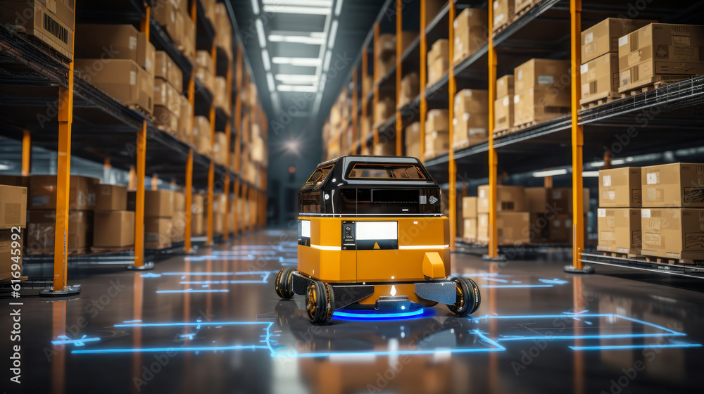 Concept of 5G for industrial use and a smart factory. Automated guided ...