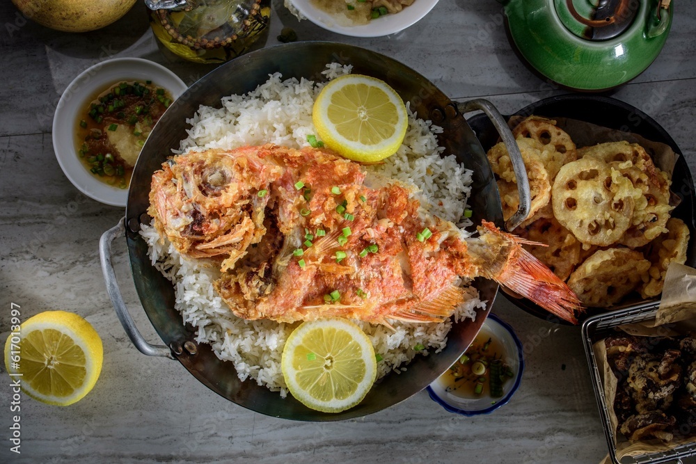 Deliciously Crispy: Top Close-Up of Deep Fried Red Snapper Fish over ...