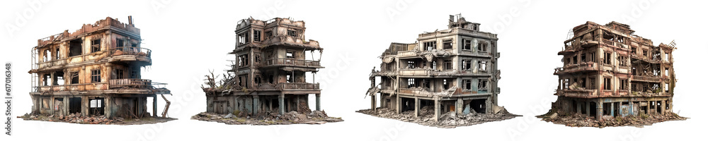 Set of ruined buildings isolated on transparent background - Generative ...