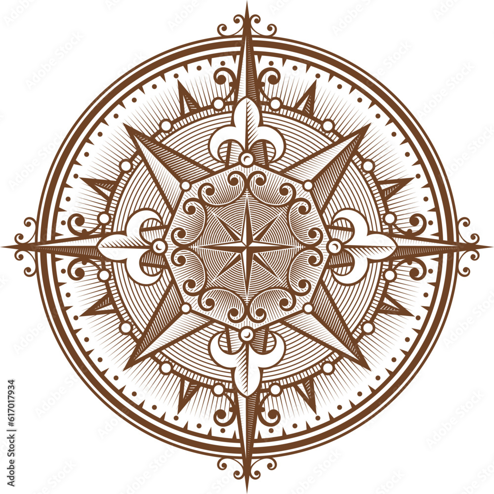 Стоковий вектор Vintage Medieval antique wind rose compass with arrows ...