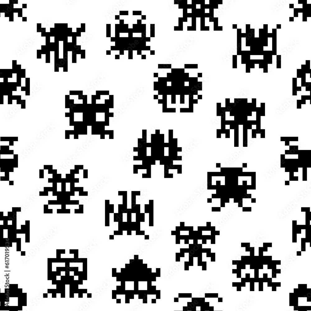 Arcade game pixel monster seamless pattern, retro 8 bit cartoon alien ...