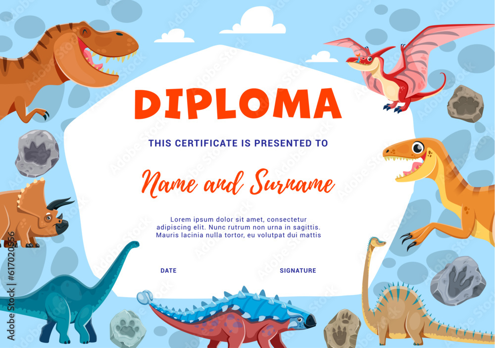 Kids diploma, cartoon dinosaur characters and fossil stone footprints ...