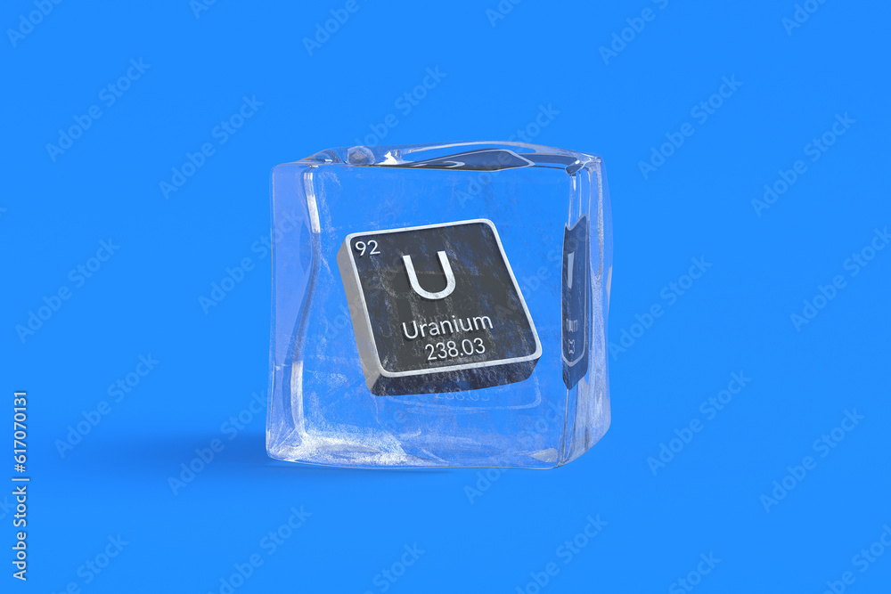 Uranium U chemical element of periodic table in ice cube. Symbol of ...