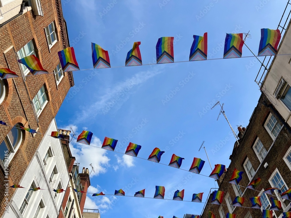 Pride flags decorations in Soho, London Stock Photo | Adobe Stock