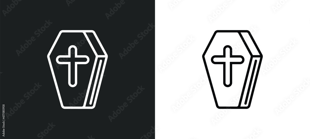 wooden coffin line icon in white and black colors. wooden coffin flat ...