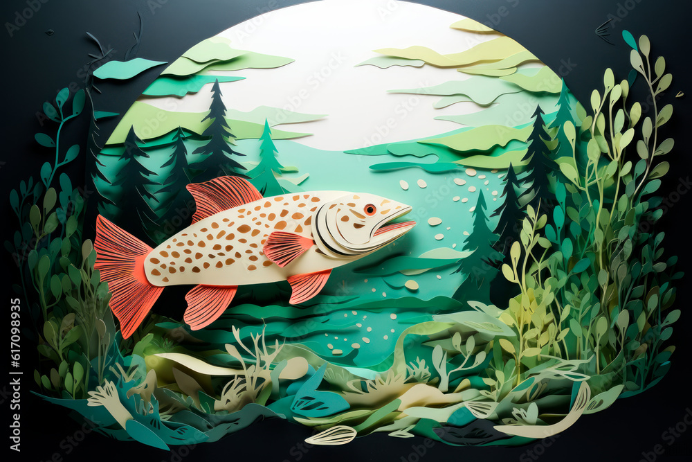 Flourishing Waters: A Paper-Cut Illustration of a Fish Swimming in a ...