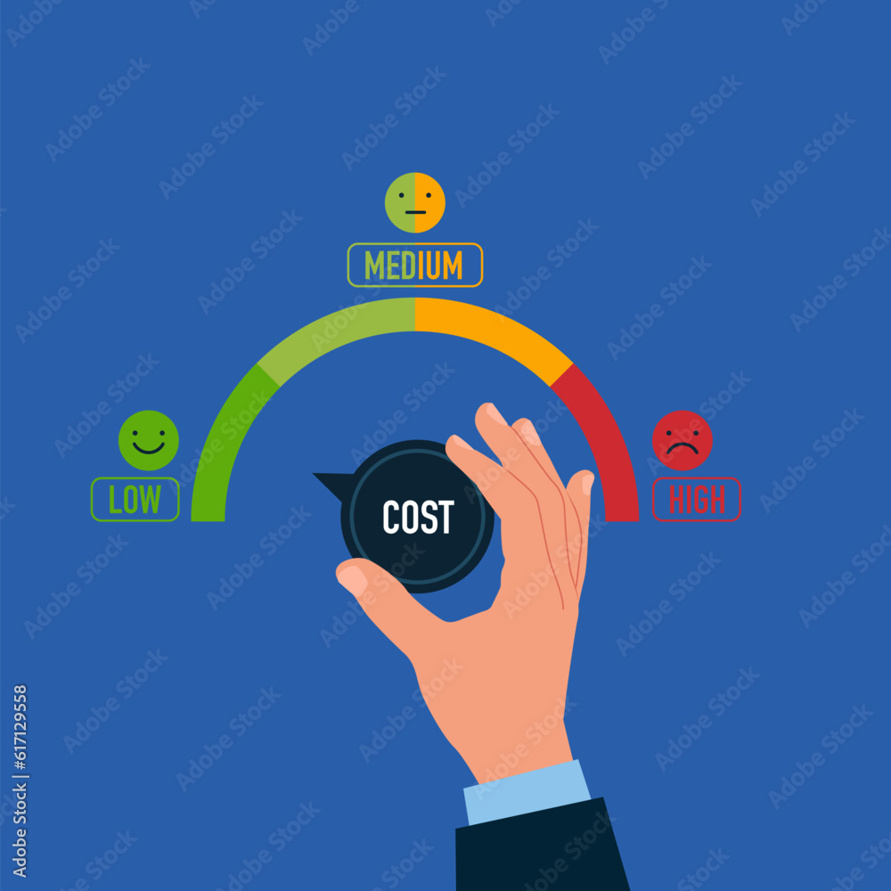 Businessman hand turning cost dial to a low. Cost cutting and ...