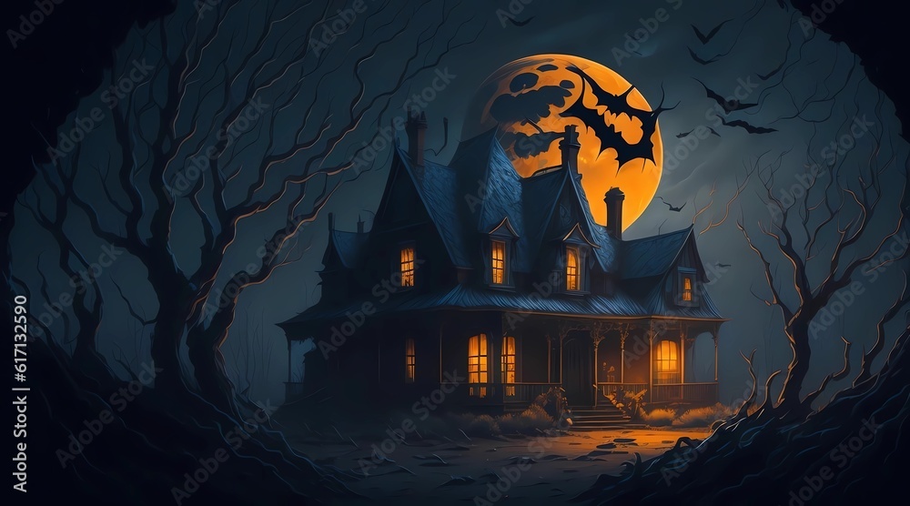 Illustration Stock horror on halloween, weird house in the woods, big ...