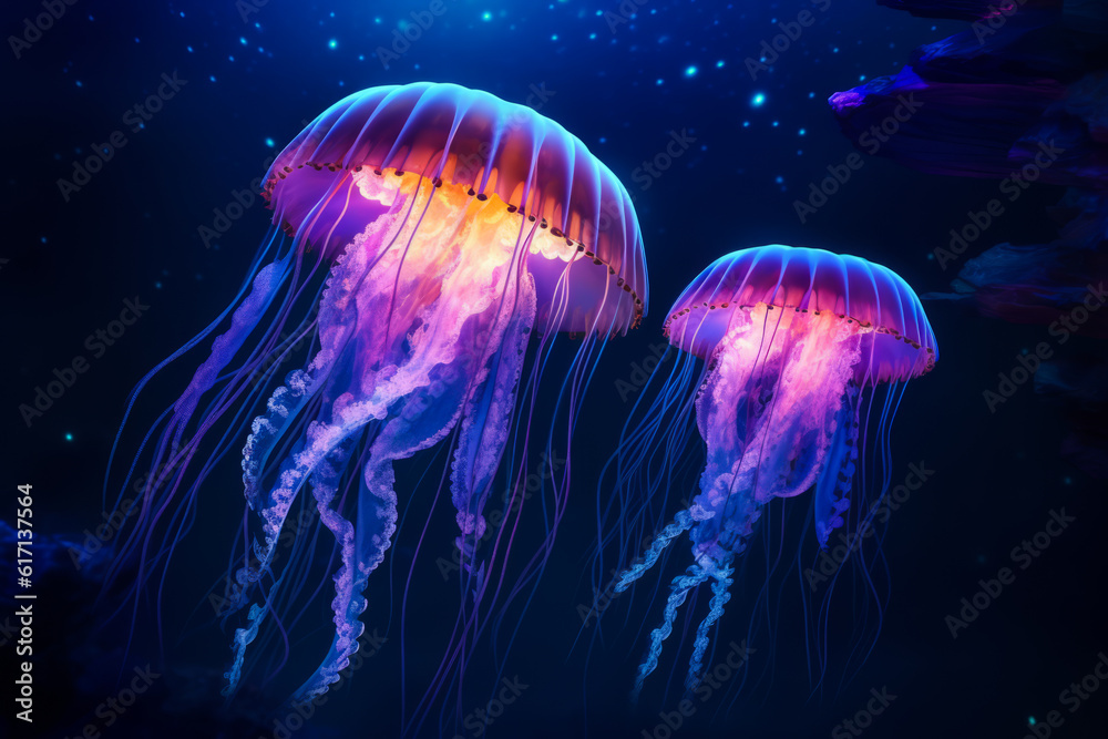 Magic glowing jellyfish underwater. Undersea world. Generative ai Fairy ...