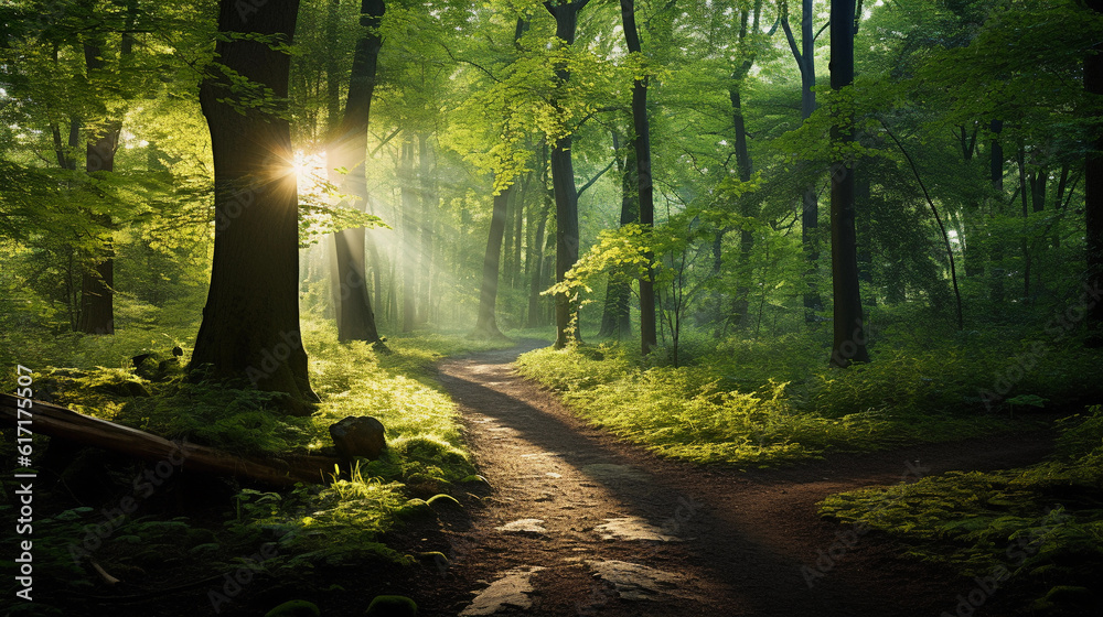 An image of a tranquil forest bathed in morning light, light mist ...