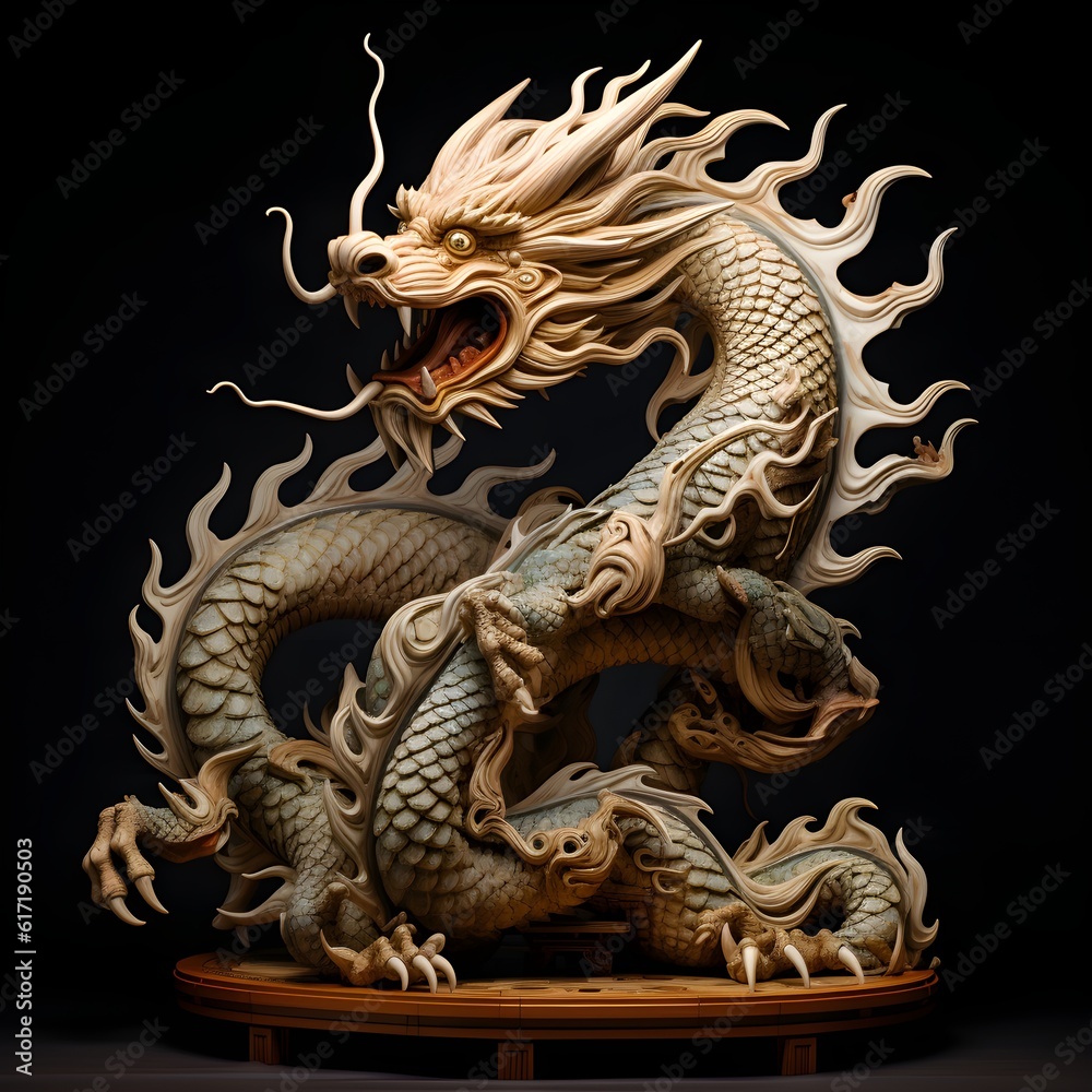 Traditional-style Japanese Dragon Carved from wood, the photo depicts ...