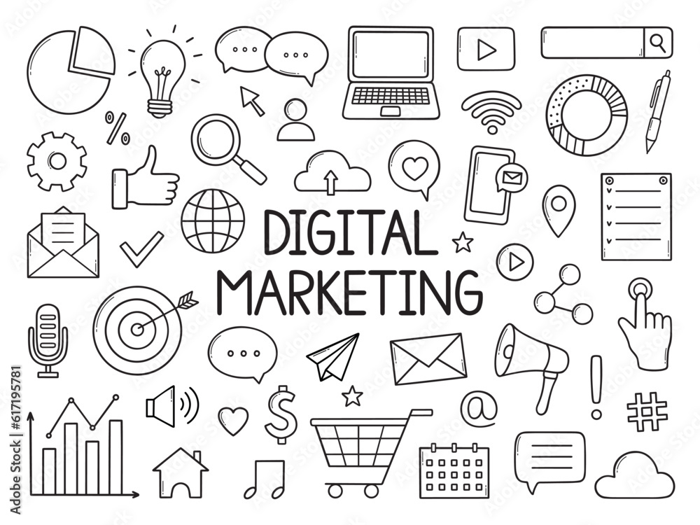 Digital marketing doodle set. Social media, online communication, email ...