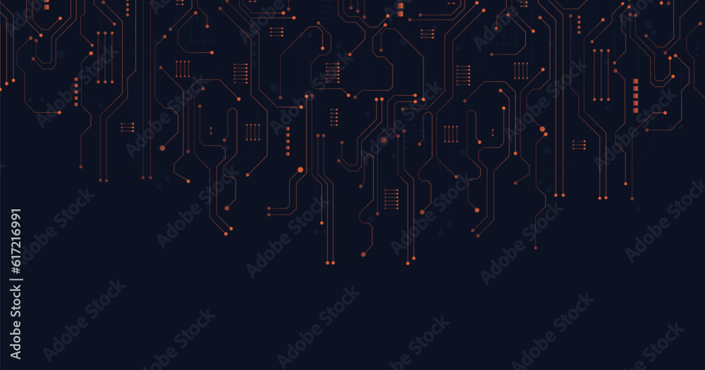 Orange circuit diagram on dark blue background. digital circuit board ...