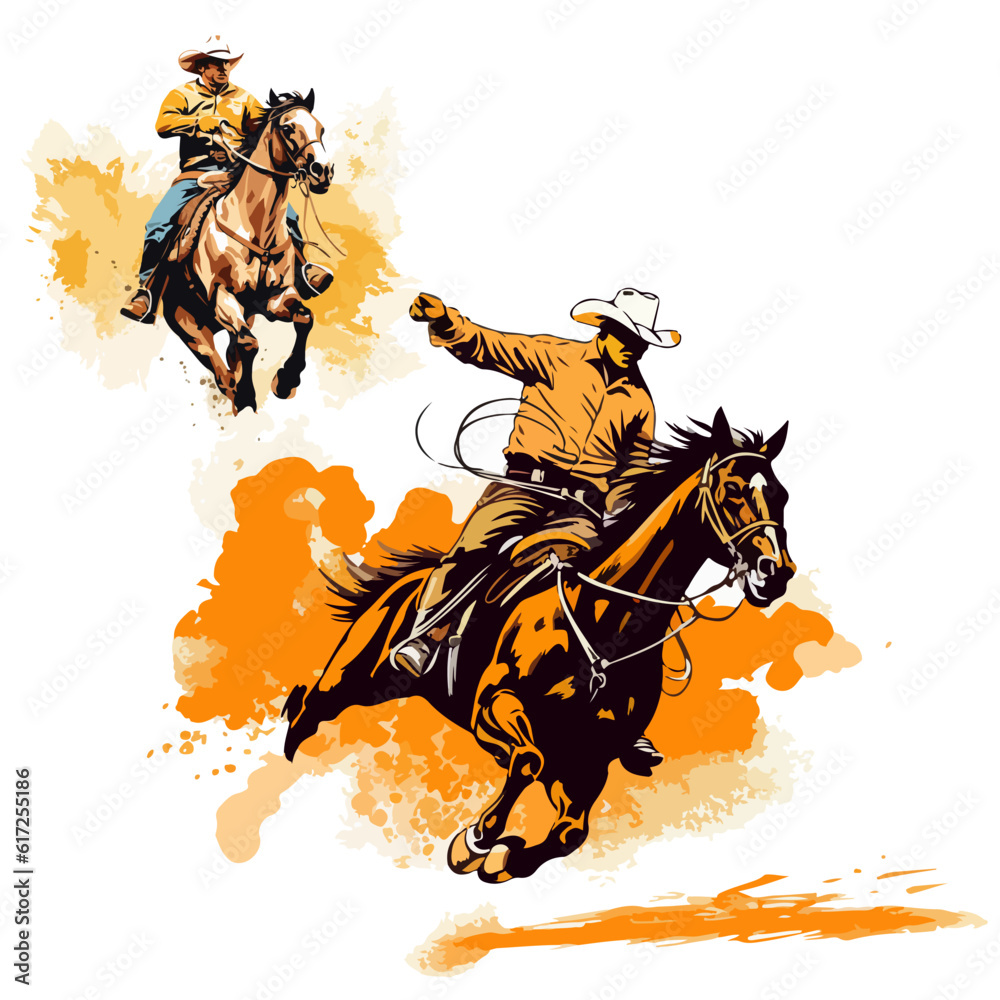 Drawing of galloping cowboys on horseback at a rodeo on a light ...