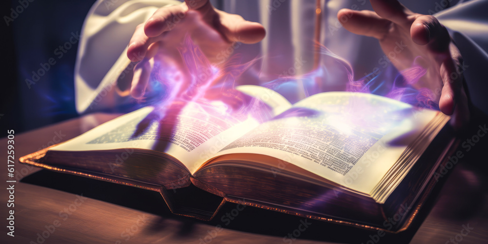 Captivating image of a priest's hand with magical Bible, depicting ...