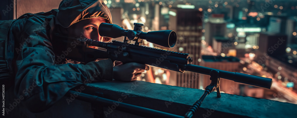 Captivating cityscape with skilled sniper poised atop a building ...