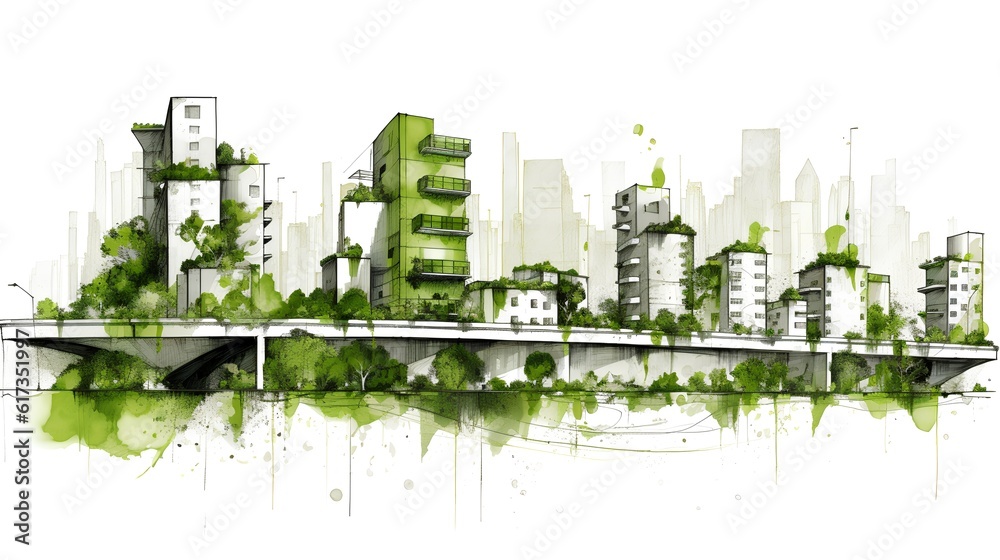 Sustainable urban design project concept. Green cityscape, including ...