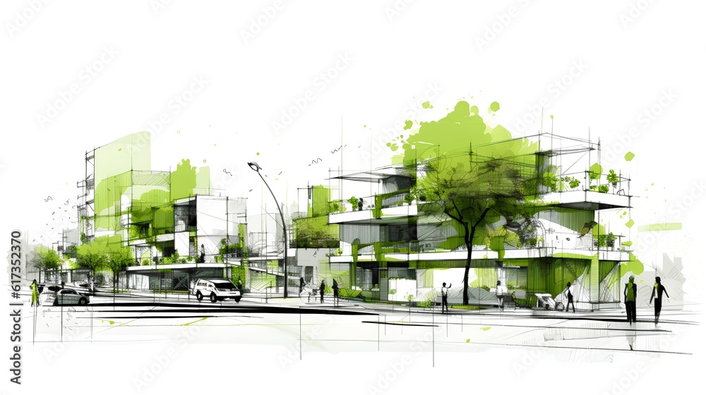Sustainable urban design project concept. Green cityscape, including ...