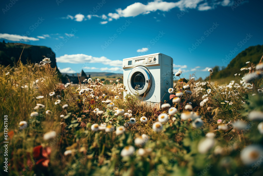 washing machine in the green field, Generative AI Stock Illustration ...