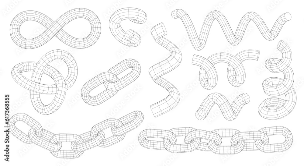 Vector Wireframe shapes. 3D technology grid. Spirals, Twisted Curves ...