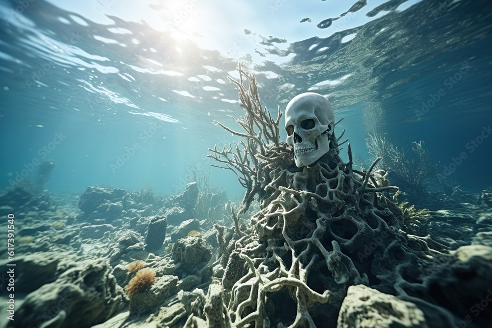 Dead corals with a human skull on top. Dead coral reef in the warming ...
