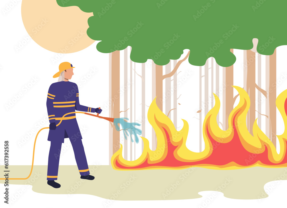 Firefighter putting out fire in forest using water hose. Man in uniform ...